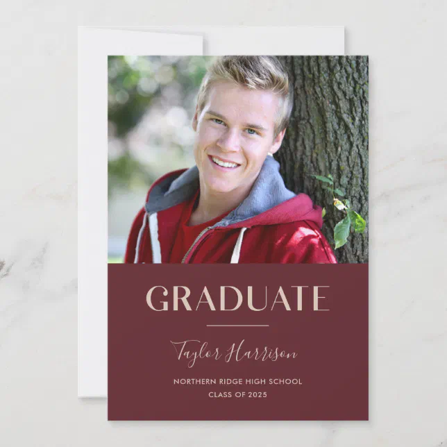 Burgundy Graduate Photo Card with Graduation Party | Zazzle
