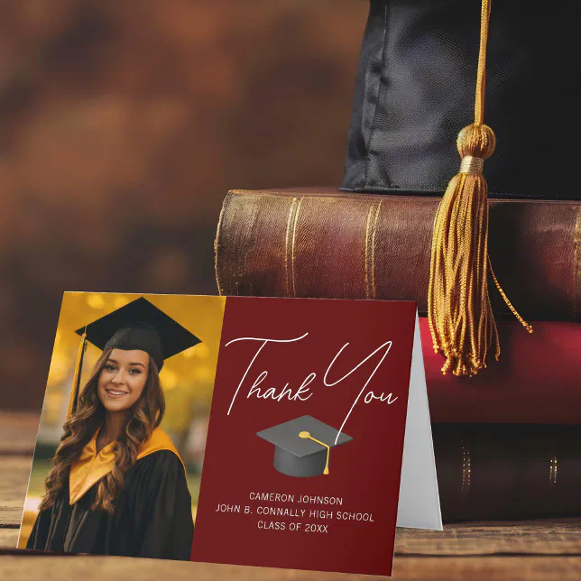 Burgundy Graduate Photo Chic Custom Graduation Thank You Card | Zazzle