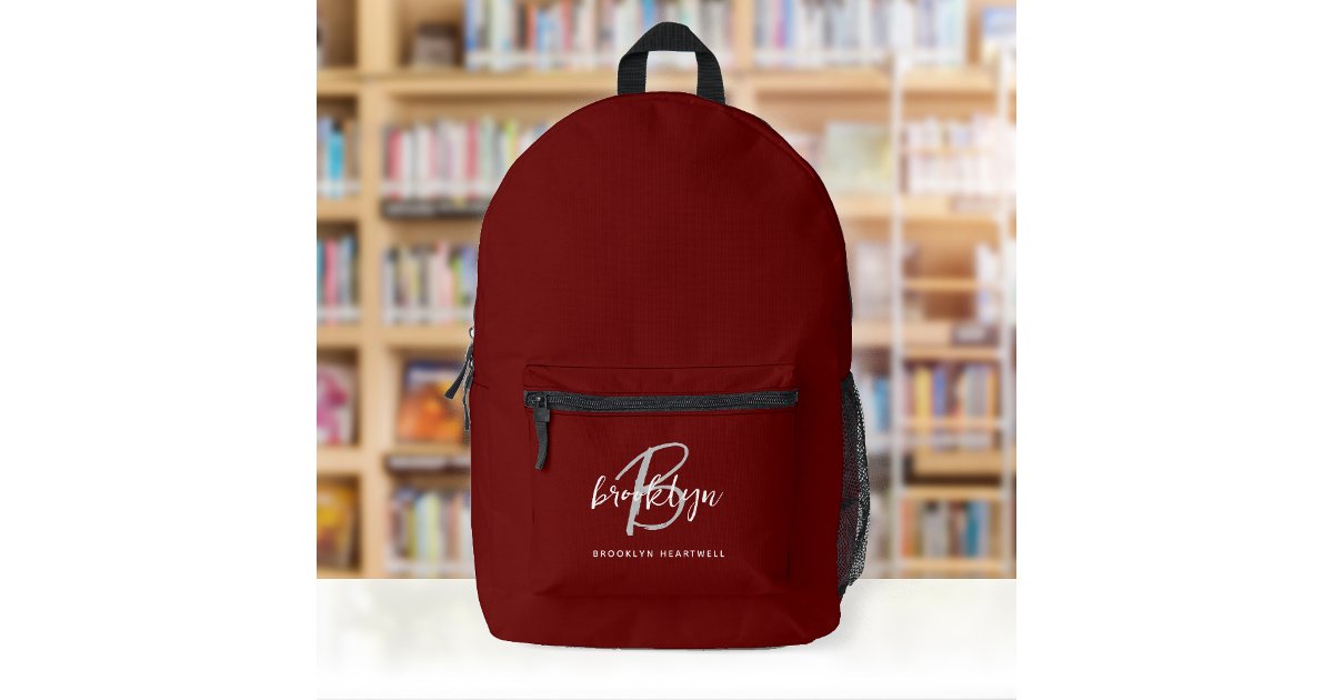 Burgundy Gray White Script Monogram Name Printed Backpack | Zazzle