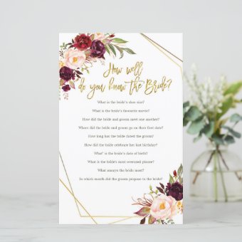 Burgundy How well do you know The Bride Game card | Zazzle