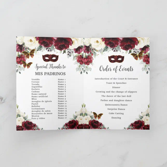 Burgundy Ivory Floral Gold Quinceañera Masquerade Program | Zazzle