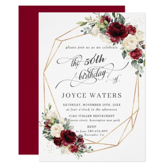 Burgundy Ivory Floral Greenery Birthday Geometric Invitation | Zazzle.com
