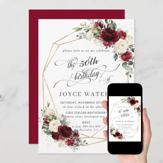 Burgundy Ivory Floral Greenery Birthday Geometric Invitation | Zazzle
