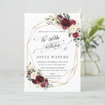 Burgundy Ivory Floral Greenery Birthday Geometric Invitation | Zazzle