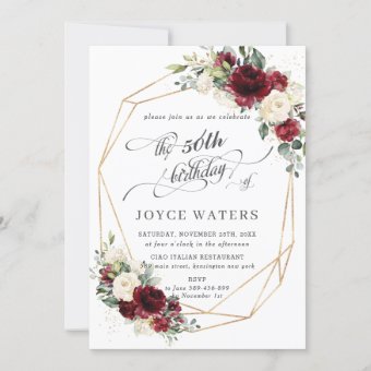 Burgundy Ivory Floral Greenery Birthday Geometric Invitation | Zazzle