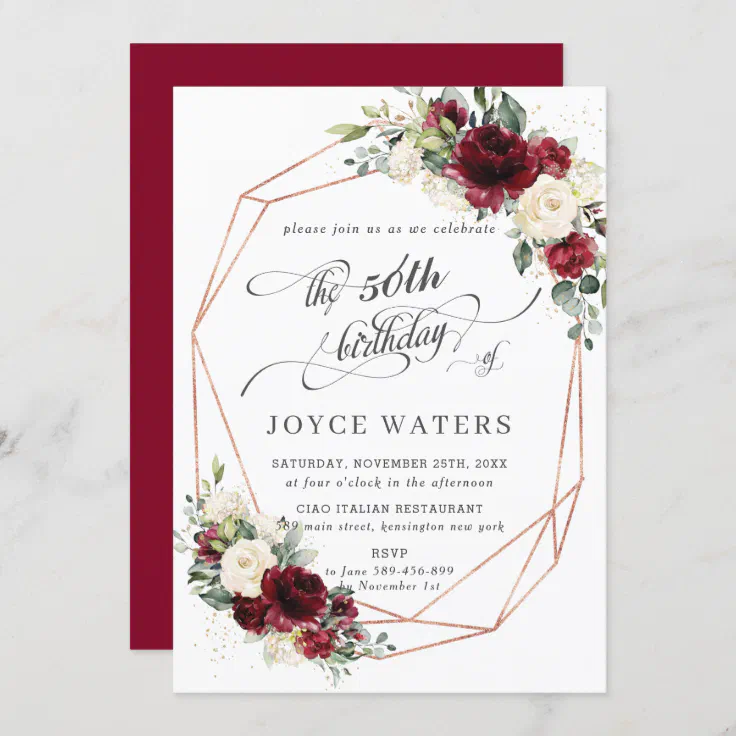 Burgundy Ivory Floral Greenery Birthday Geometric Invitation | Zazzle