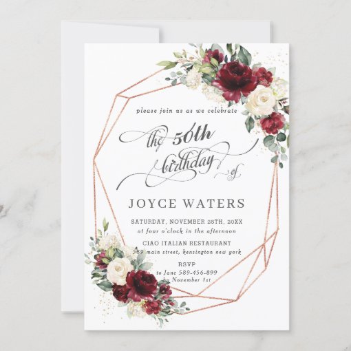 Burgundy Ivory Floral Greenery Birthday Geometric Invitation | Zazzle