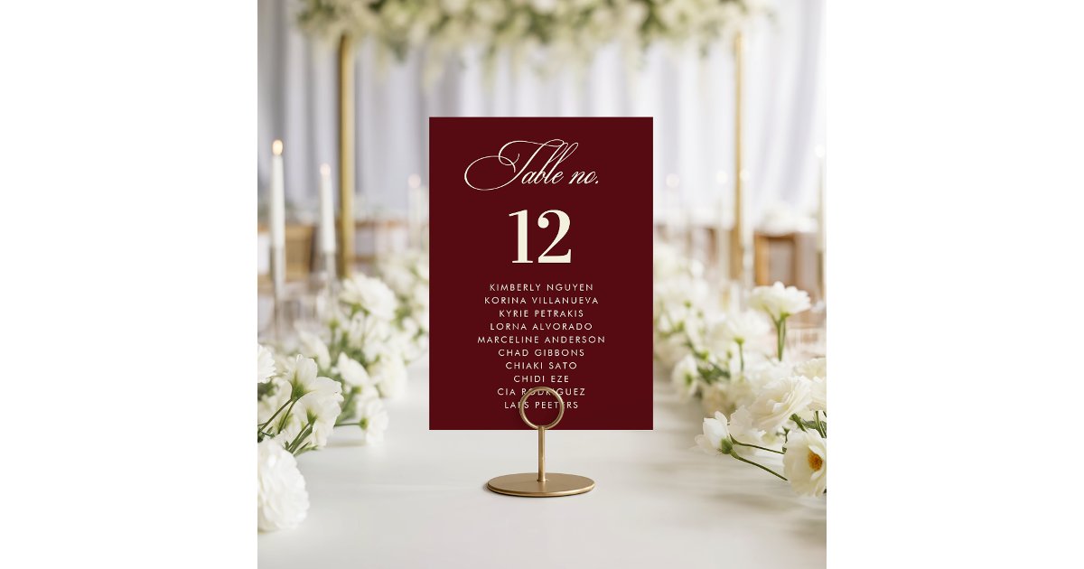 Burgundy Ivory Seating Chart Names Wedding Sign Table Number | Zazzle