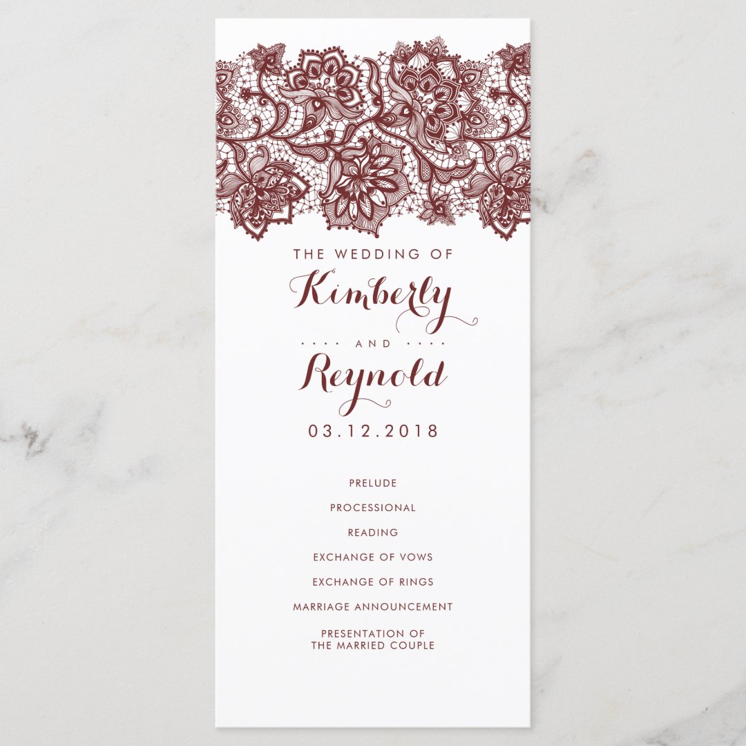 Burgundy Lace Elegant White Wedding Programs | Zazzle