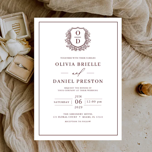 Burgundy Leafy Crest Monogram Elegant Wedding Invitation | Zazzle