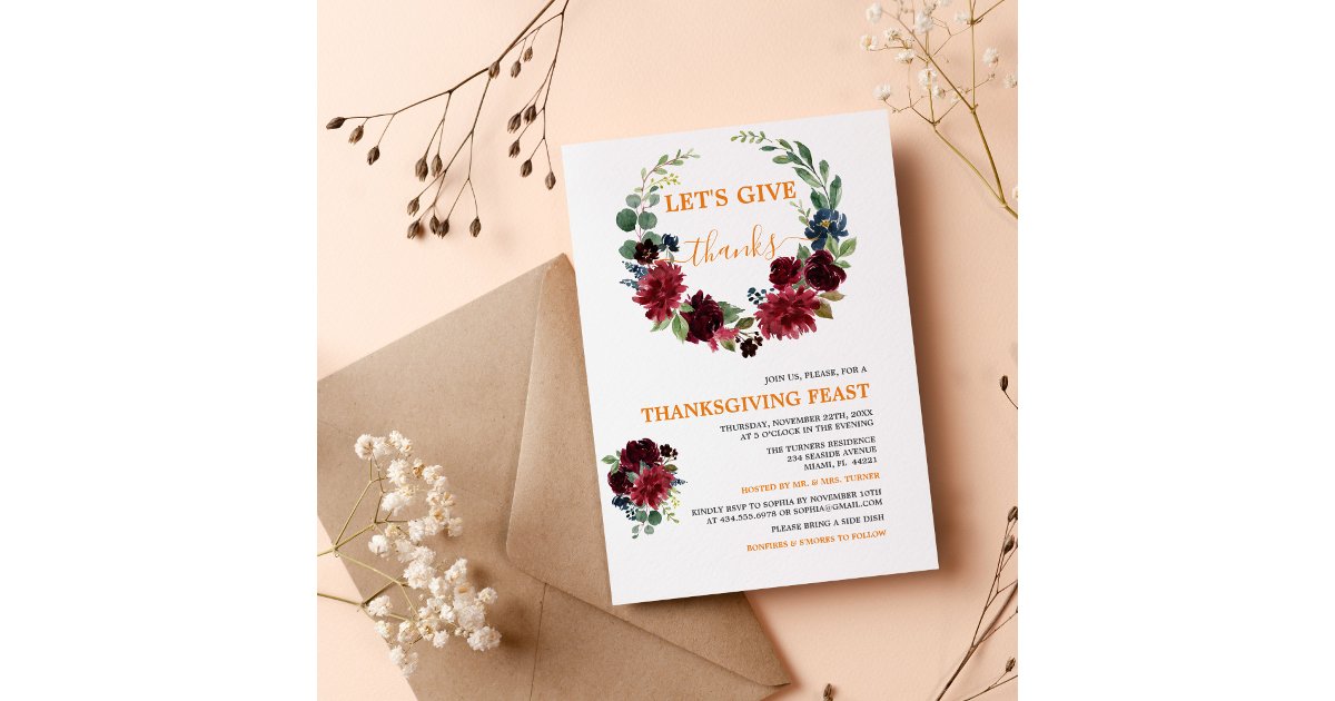 Burgundy Let's Give Thanks Thanksgiving Feast Invitation | Zazzle