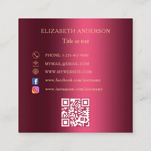 Burgundy logo QR code social media icons Square Business Card | Zazzle