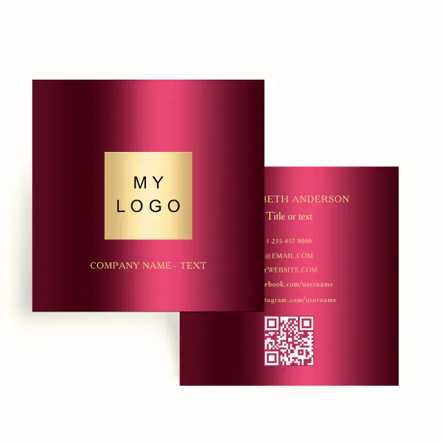 Burgundy logo QR code social media icons Square Business Card | Zazzle
