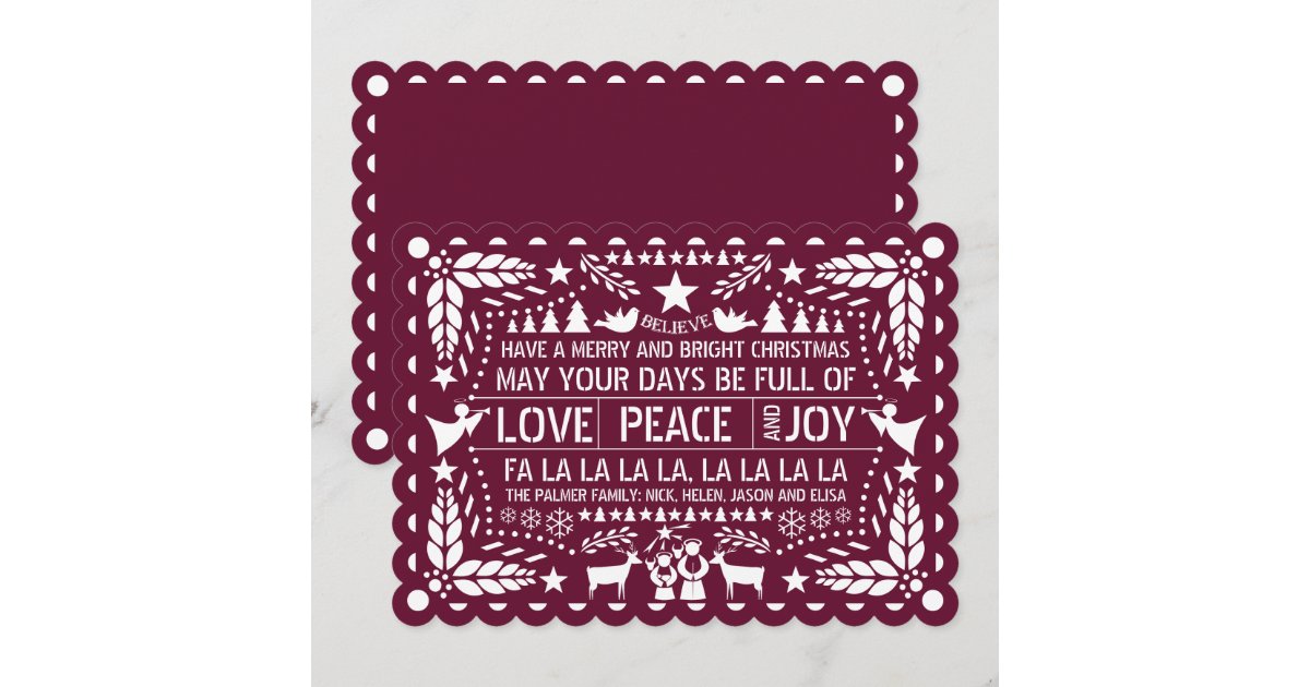 Burgundy Love Peace Joy papel picado Christmas Holiday Card | Zazzle