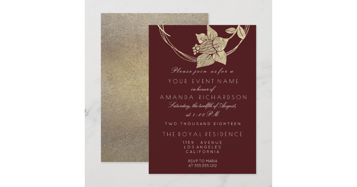 Burgundy Maroon Champaign Gold Floral Event Party Invitation | Zazzle