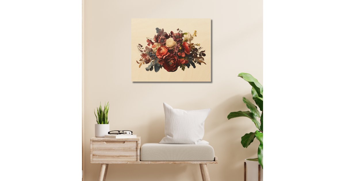Burgundy Maroon Coral White Moody Floral Wood Wall Art | Zazzle