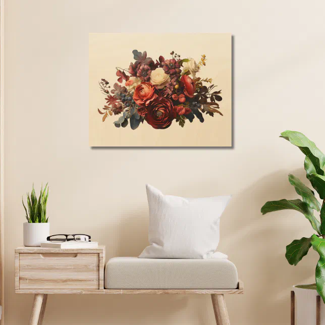 Burgundy Maroon Coral White Moody Floral Wood Wall Art | Zazzle
