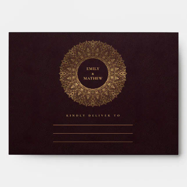 BURGUNDY MAROON GOLD CLASSY ORNATE MANDALA WEDDING ENVELOPE | Zazzle