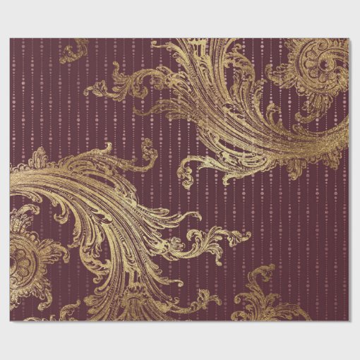 Burgundy Maroon Gold Damask Bridal Royal Ornamenta Wrapping Paper | Zazzle
