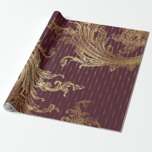 Burgundy Maroon Gold Damask Bridal Royal Ornamenta Wrapping Paper | Zazzle