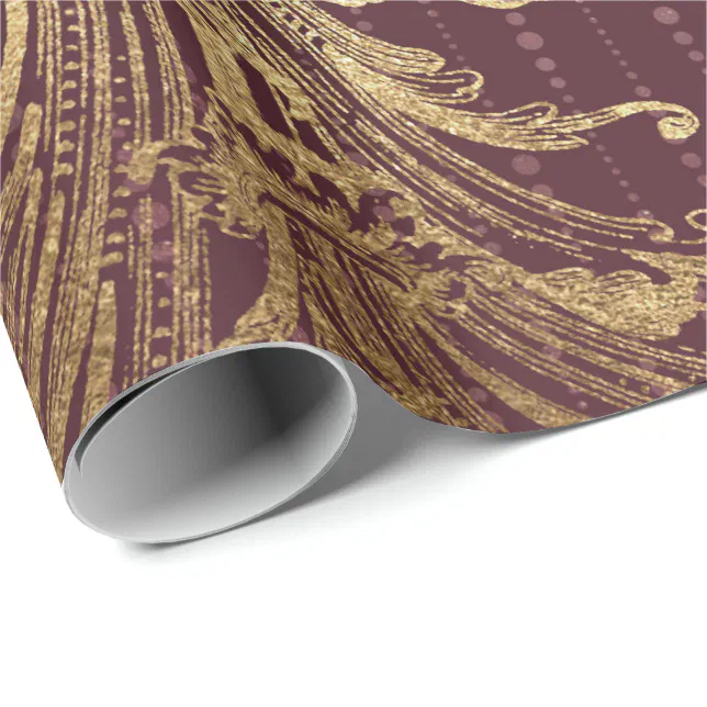 Burgundy Maroon Gold Damask Bridal Royal Ornamenta Wrapping Paper | Zazzle