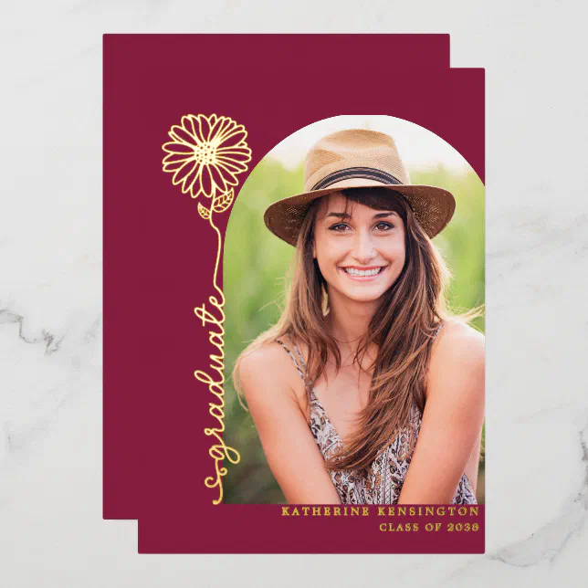 Burgundy Maroon Gold Handwritten Photo Graduation Foil Invitation | Zazzle
