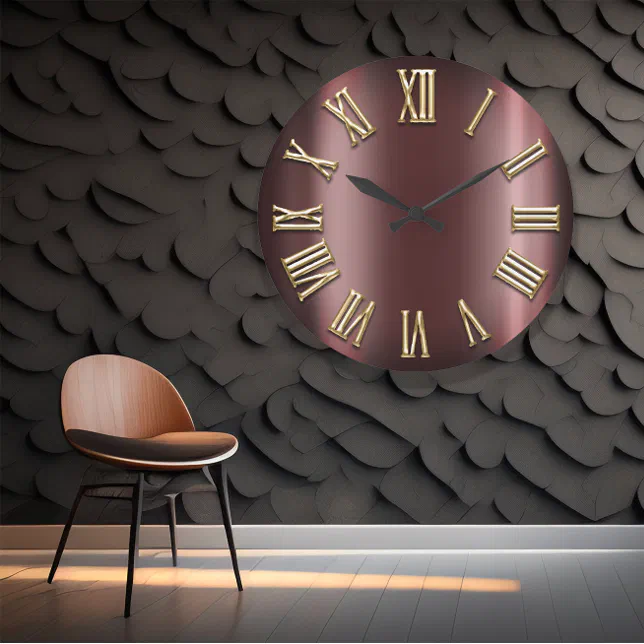 Burgundy Maroon Gold Metallic Roman Number Large Clock | Zazzle