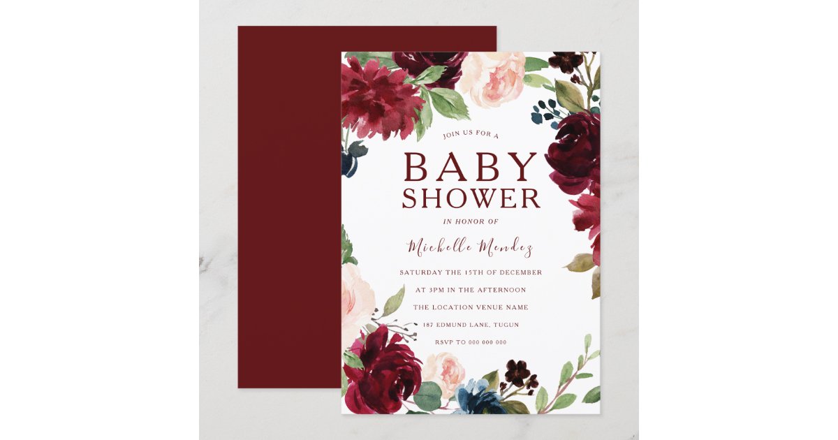 Burgundy Maroon Red Beautiful Baby Shower Invitation | Zazzle