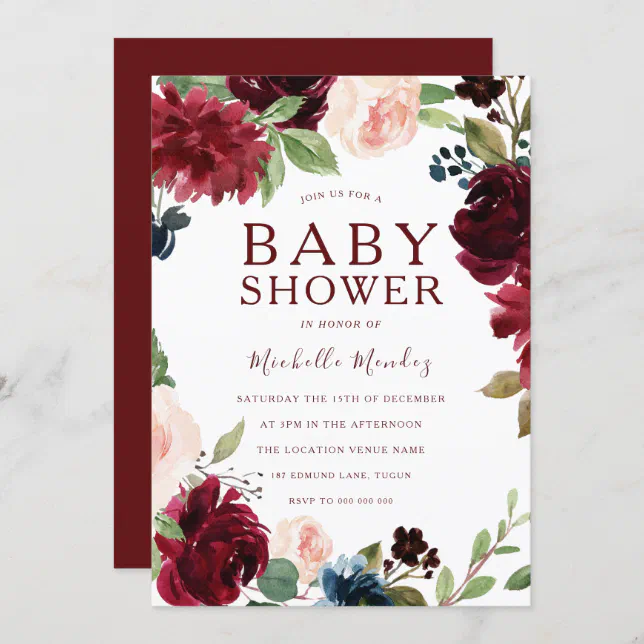 Burgundy Maroon Red Beautiful Baby Shower Invitation | Zazzle