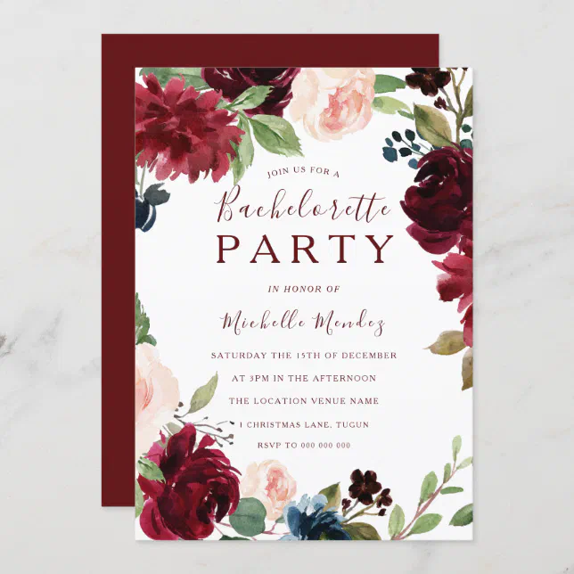 Burgundy Maroon Red Floral Bachelorette Party Invitation | Zazzle