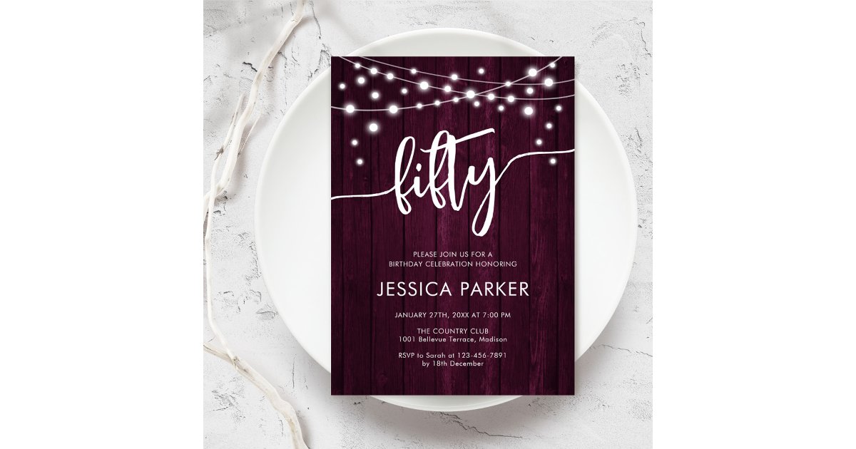 Burgundy Maroon Rustic Wood 50th Birthday Party Invitation | Zazzle