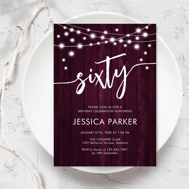 Burgundy Maroon Rustic Wood 60th Birthday Party Invitation | Zazzle