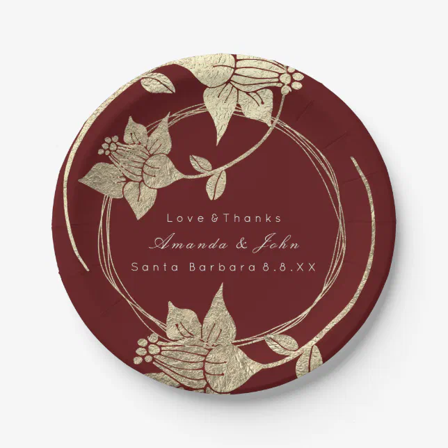 Burgundy Maroon Wedding Gold Floral Wreath Holiday Paper Plates | Zazzle