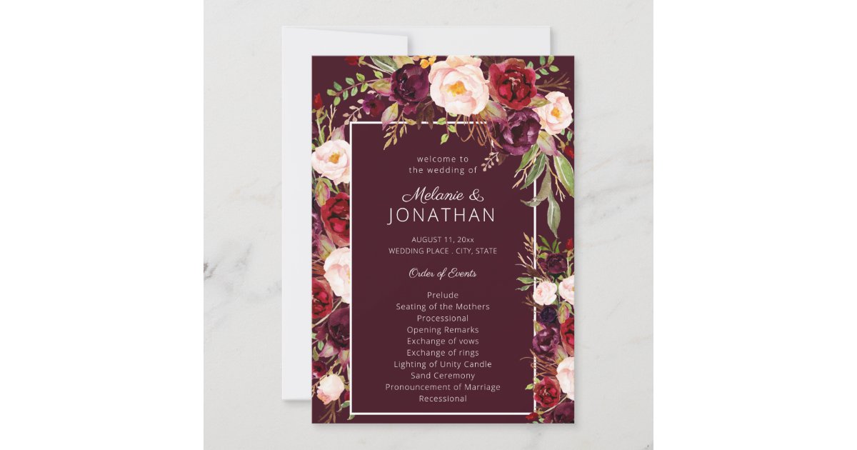 Burgundy Marsala Floral Wedding Program V3 | Zazzle
