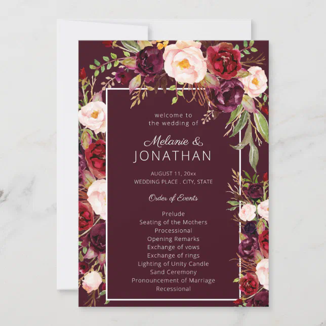 Burgundy Marsala Floral Wedding Program V3 | Zazzle