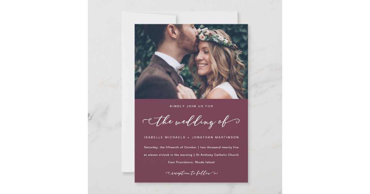 Burgundy Marsala Wedding Calligraphy and Photo Invitation | Zazzle