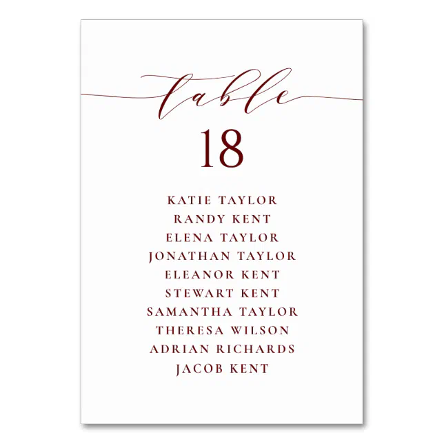 Burgundy Minimalist Script Wedding Seating Plan Table Number | Zazzle