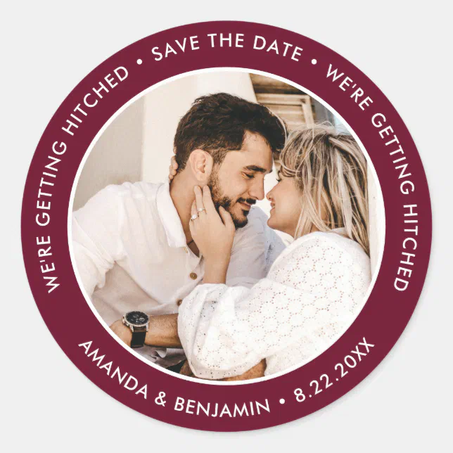 Burgundy Modern Photo Wedding Save The Date Classic Round Sticker | Zazzle