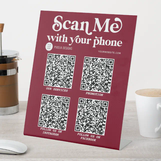 Burgundy modern typography QR code scannable Pedestal Sign | Zazzle