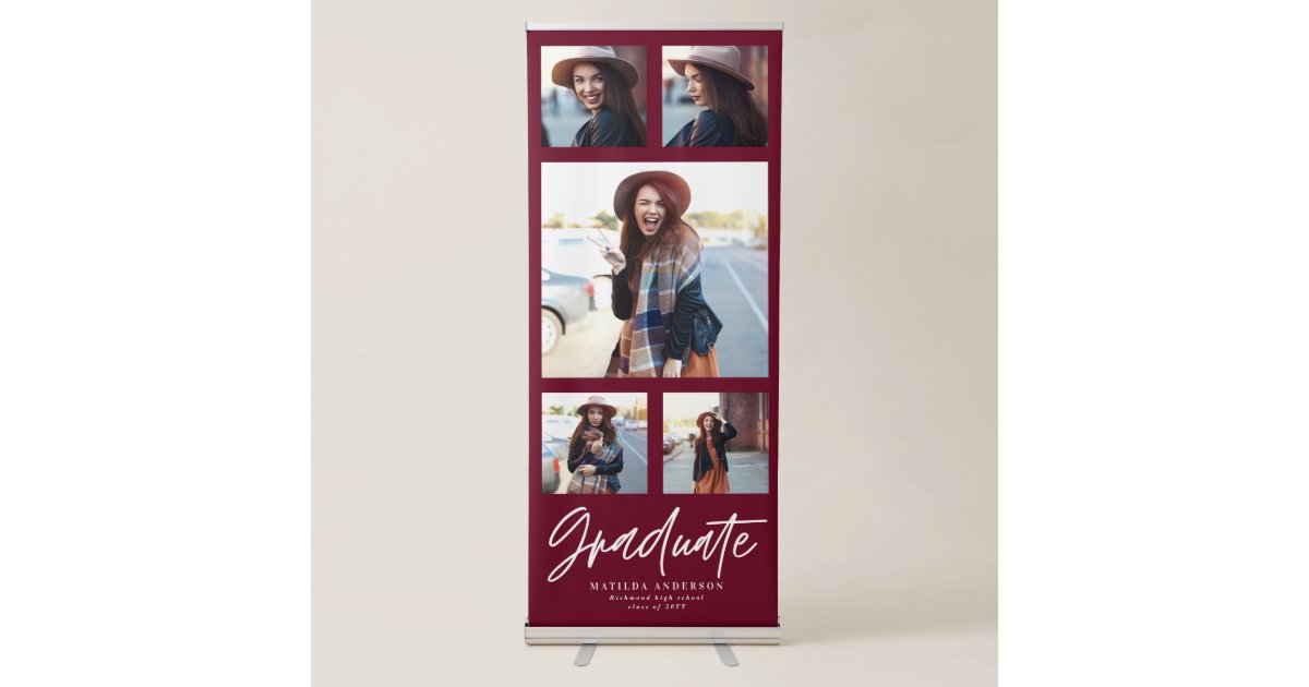 Burgundy multi photo typography graduation retractable banner | Zazzle