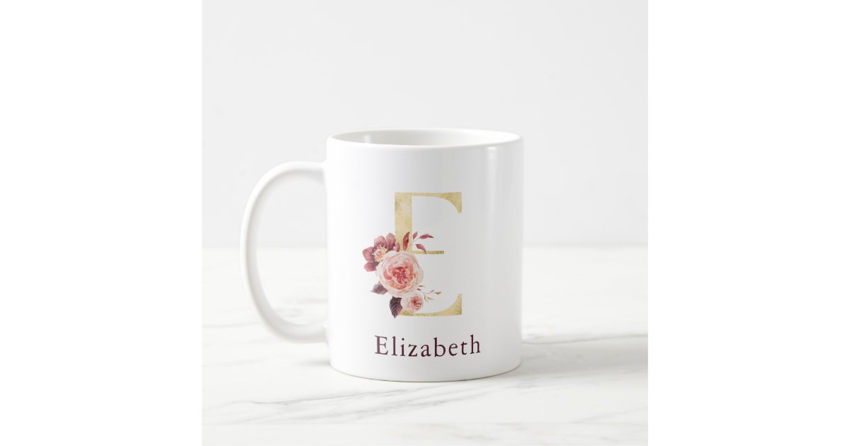 Burgundy Name and Pink Floral Monogram Letter E Coffee Mug | Zazzle