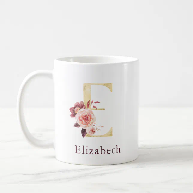 Burgundy Name and Pink Floral Monogram Letter E Coffee Mug | Zazzle