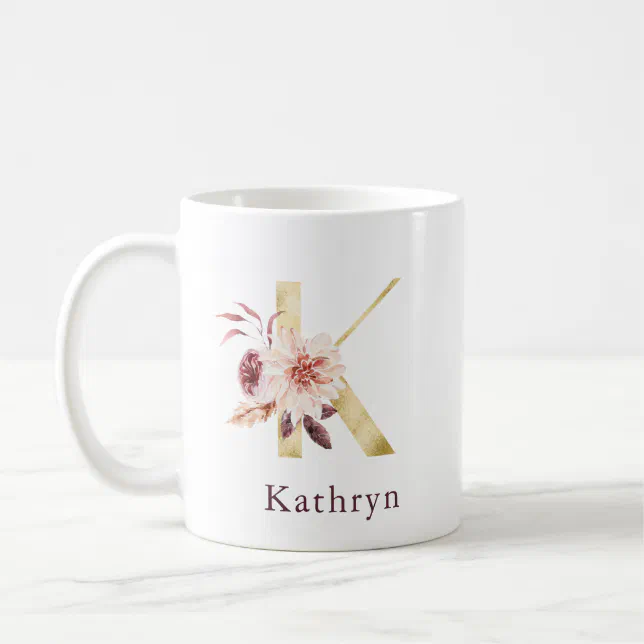 Burgundy Name and Pink Floral Monogram Letter K Coffee Mug | Zazzle