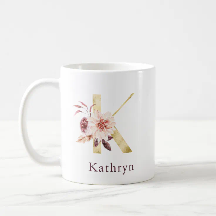 Burgundy Name and Pink Floral Monogram Letter K Coffee Mug | Zazzle