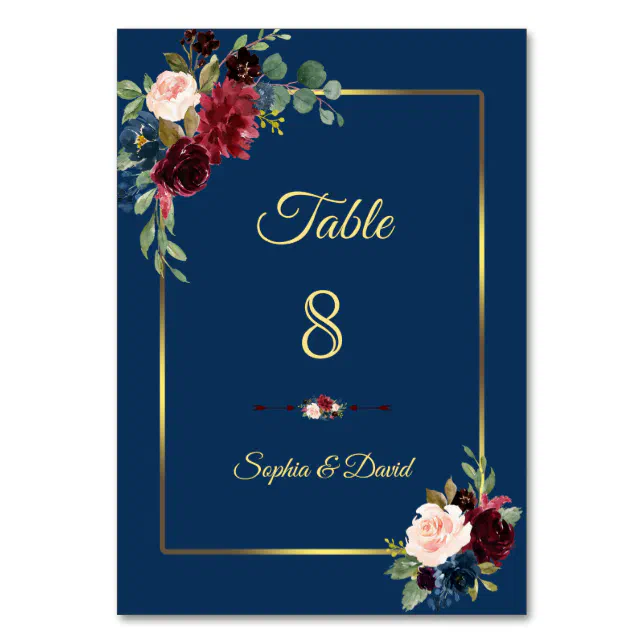 Burgundy Navy Blue Floral Golden Wedding Table Number | Zazzle