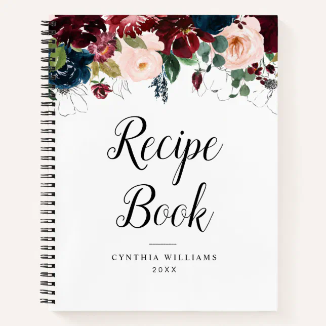 burgundy navy blue floral Recipe Book | Zazzle