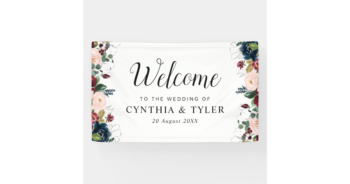 burgundy navy blue floral welcome wedding banner | Zazzle