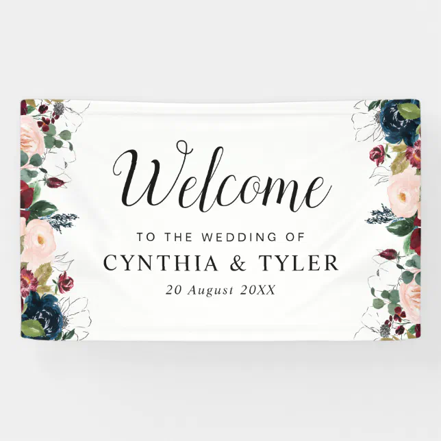 burgundy navy blue floral welcome wedding banner | Zazzle