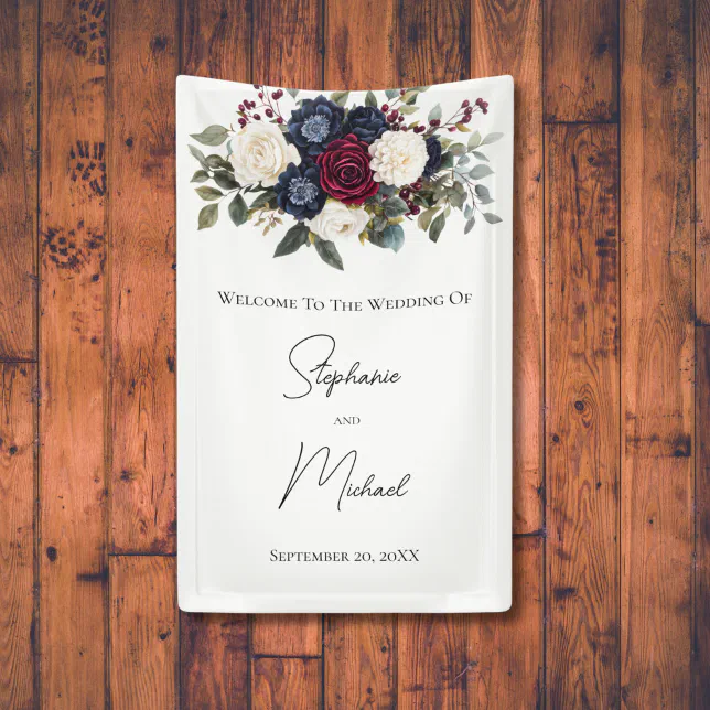 Burgundy Navy Blue White Floral Elegant Wedding Banner | Zazzle