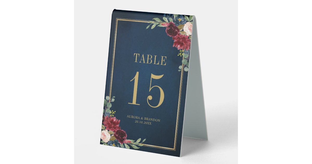 Burgundy Navy Blush Floral Gold Table number Tent | Zazzle
